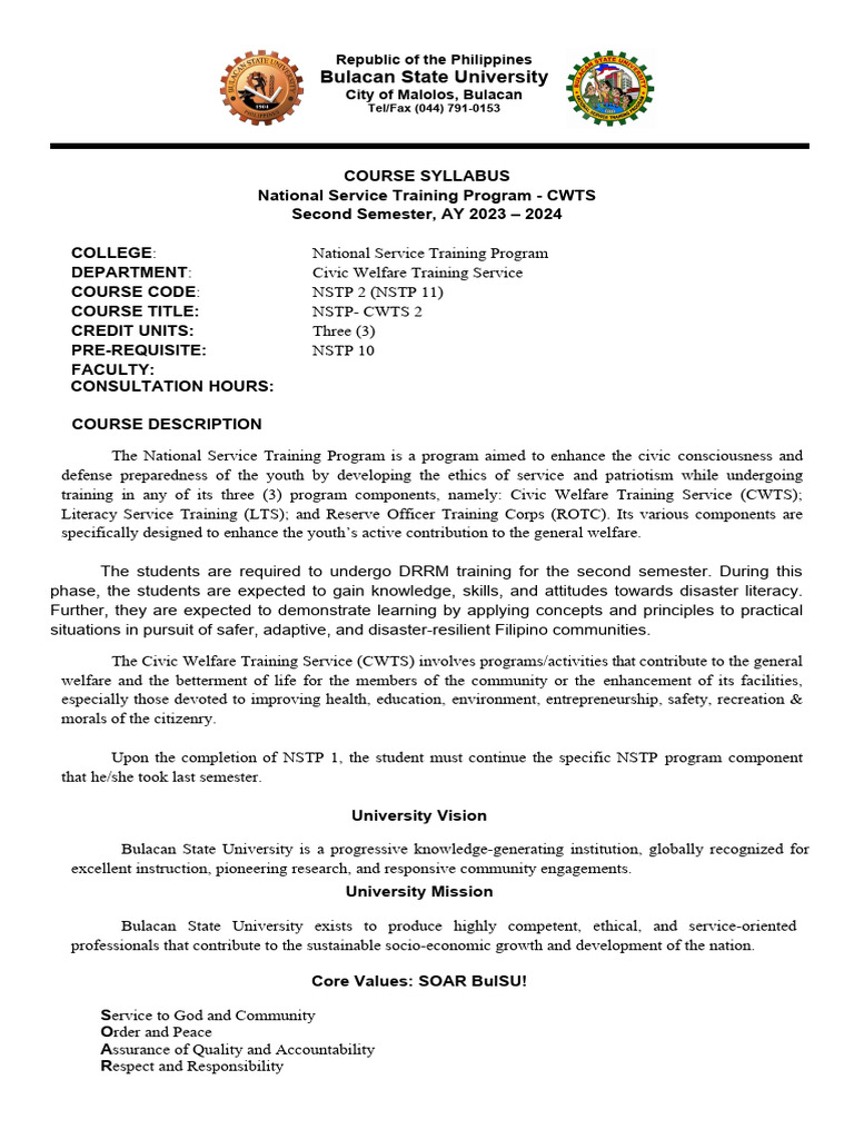 NSTP 2 CWTS Final Course Syllabus For AY 2023 2024. 1 2 | Download Free ...