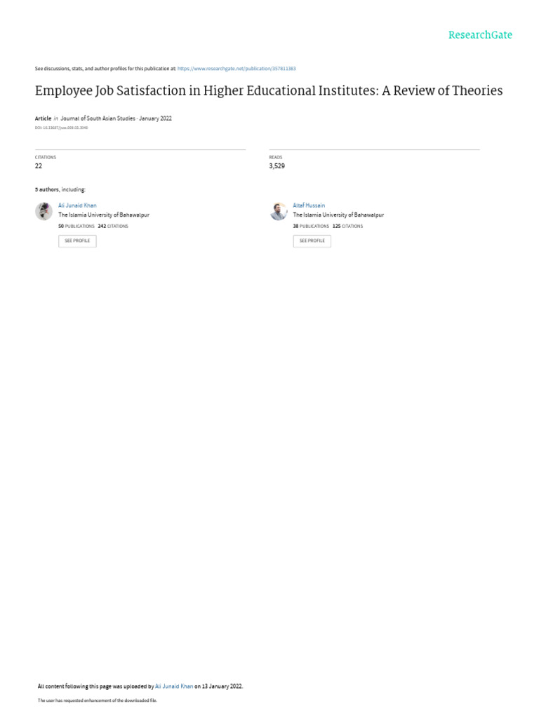 Job Satisfaction Theories in Higher Education | PDF | Motivational ...