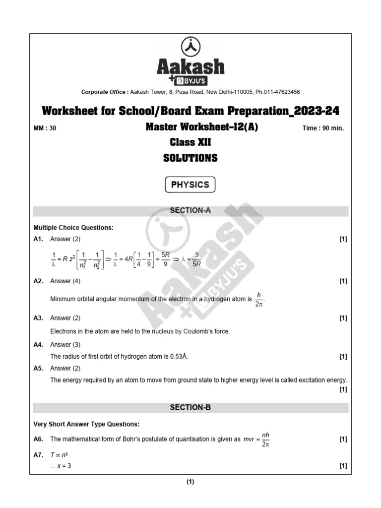 WorkSheet 12 Physics XII | PDF | Atomic | Physical Chemistry