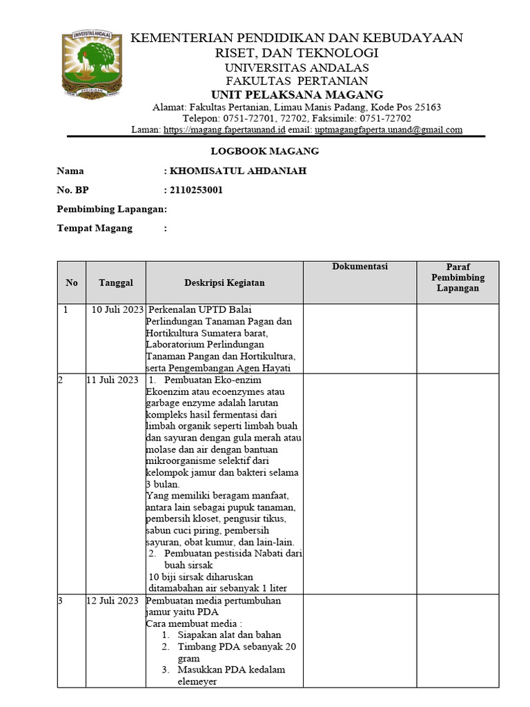 Logbook Magang Dania Fix | PDF