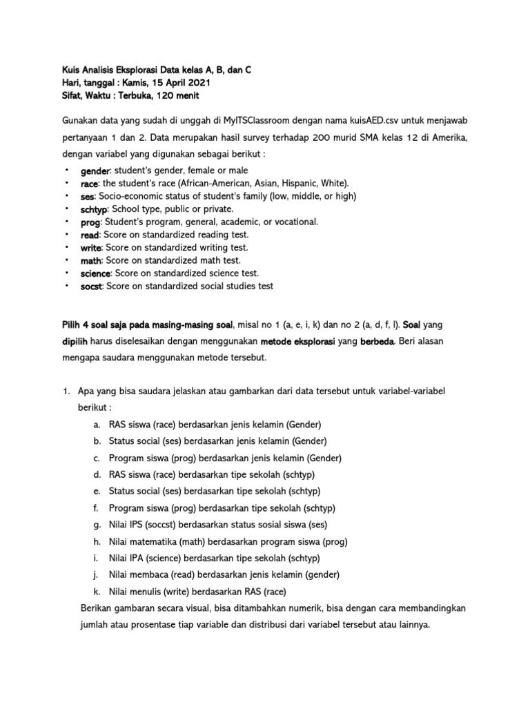 Kuis Analisis Eksplorasi Data 2020 | PDF | Seni & Disiplin Bahasa | Komputer