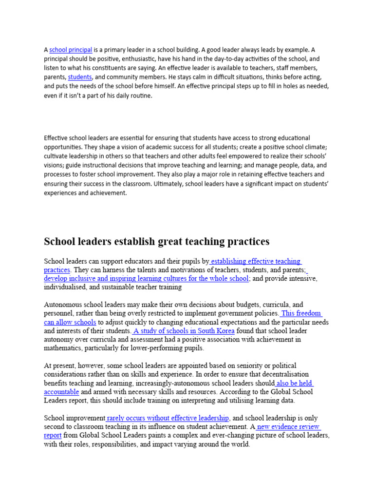 A School Principal Is A Primary Leader in A School Building | PDF ...