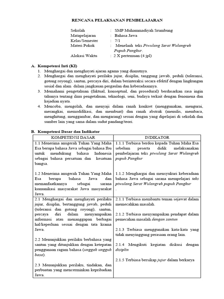 RPP KD 2 Tembang Pangkur | PDF | Seni & Disiplin Bahasa