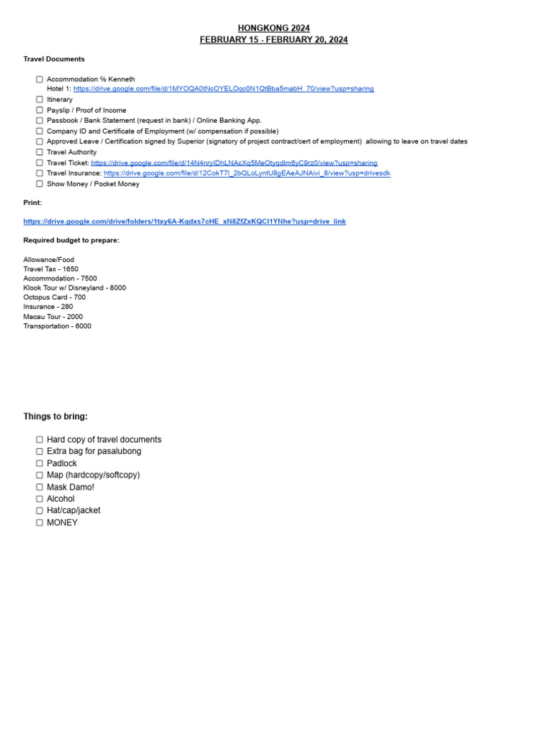 Hongkong Travel Itinerary 2024 | Download Free PDF | Transport | Public Transport