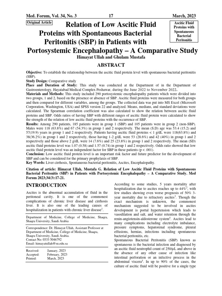 Relation of Low Ascitic Fluid Proteins With Spontaneous Bacterial ...