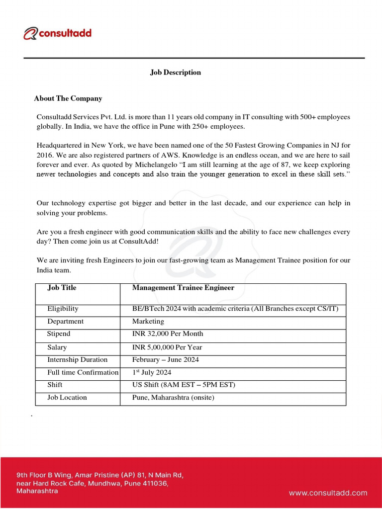 MTE CONSULTADD JD- 2024 | PDF | Employment | Cognition