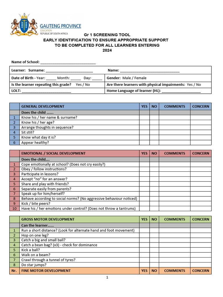 Grade 1 Learner Screening Tool 2024 | PDF | Psychological Concepts ...