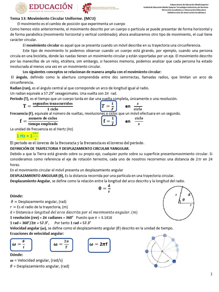 Tema 13 Movimiento Circular Uniforme. (MCU) | PDF | Velocidad | Ingeniería mecánica