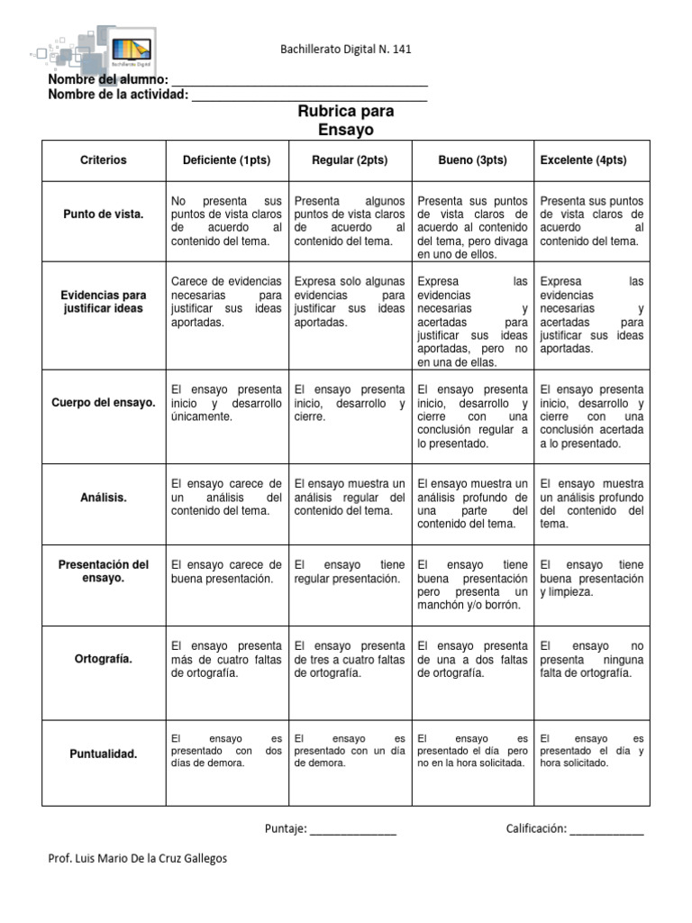 Rubrica para Un Ensayo | PDF | Ensayos
