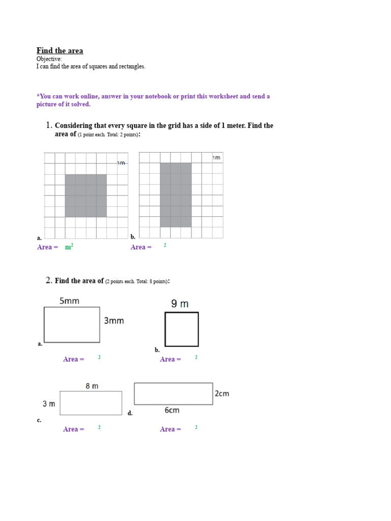 Area Calculation for Squares and Rectangles | PDF | Teaching Methods & Materials