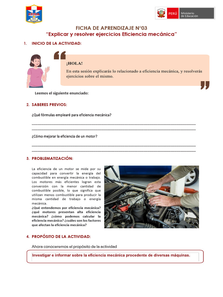 Ficha de Aprendizaje N°03 - 5to Grado | PDF | Motores | Mecánica