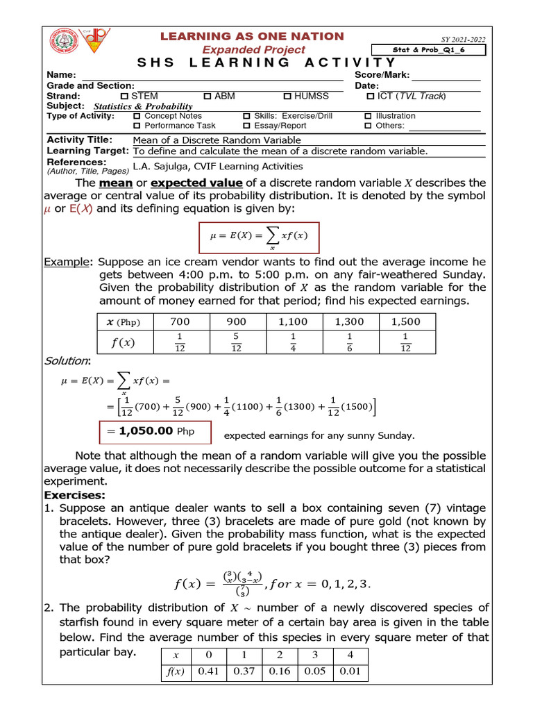 Calculating Mean of Discrete Variables | PDF | Probability Distribution | Mean