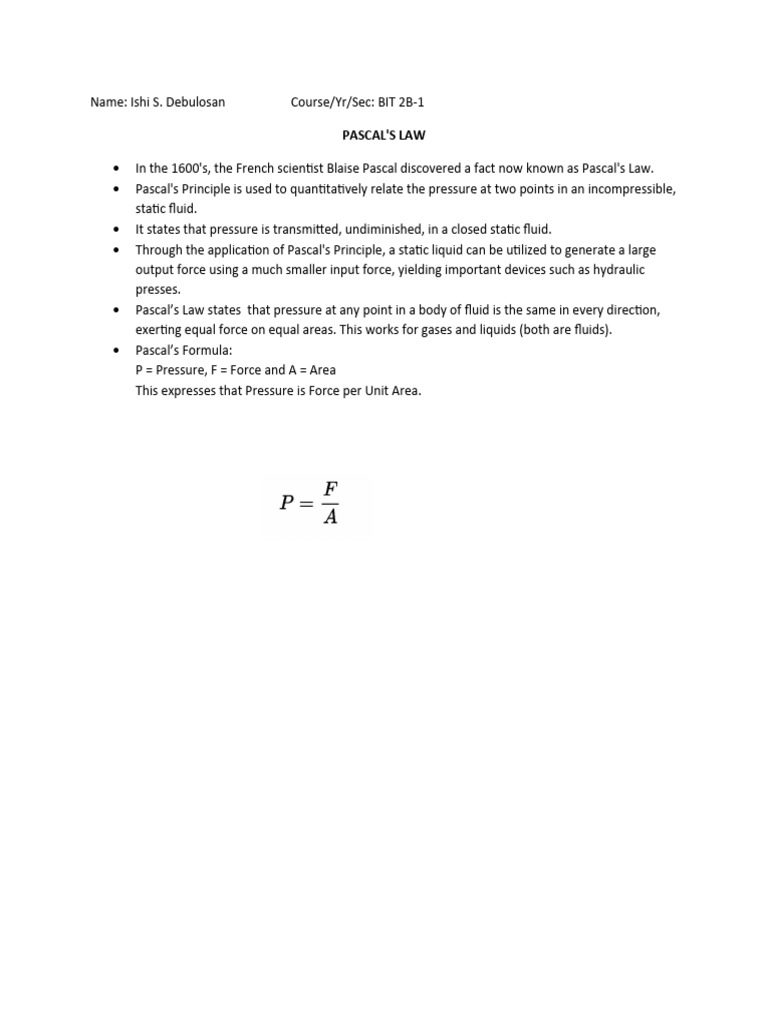 Pascal's Law for BIT Students | PDF | Science & Mathematics