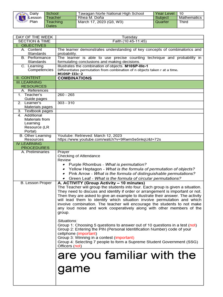 Demo - Lesson Plan | PDF | Learning | Permutation