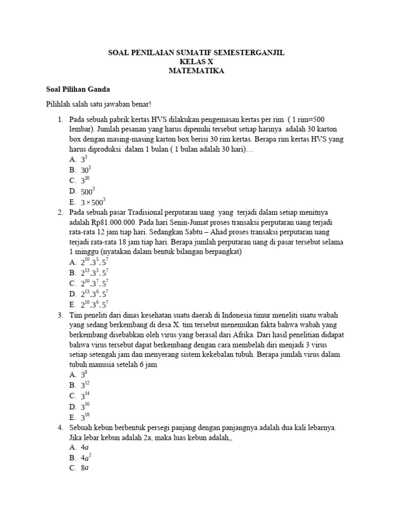Soal PENILAIAN SUMATIF SEMESTER GANJIL MTK Kelas X | PDF