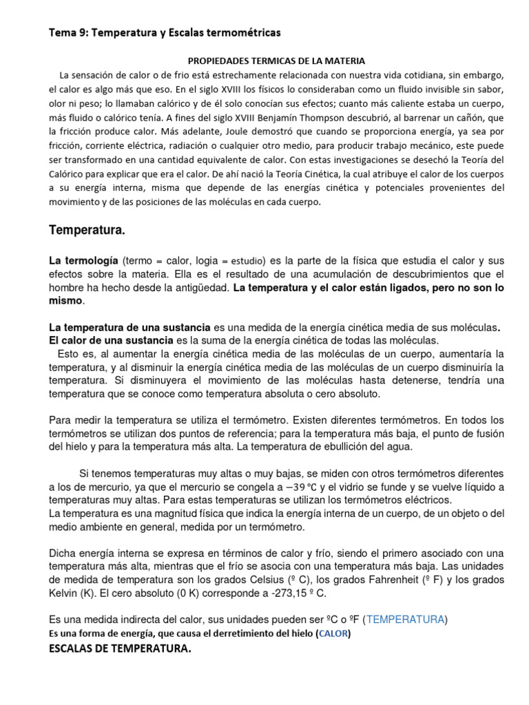 Tema 9 Temperatura y Escalas Termométricas | PDF | Celsius | Fahrenheit