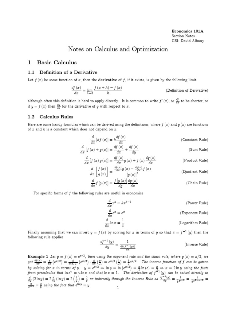 Calculus Notes Pdf Derivative Mathematical Concepts