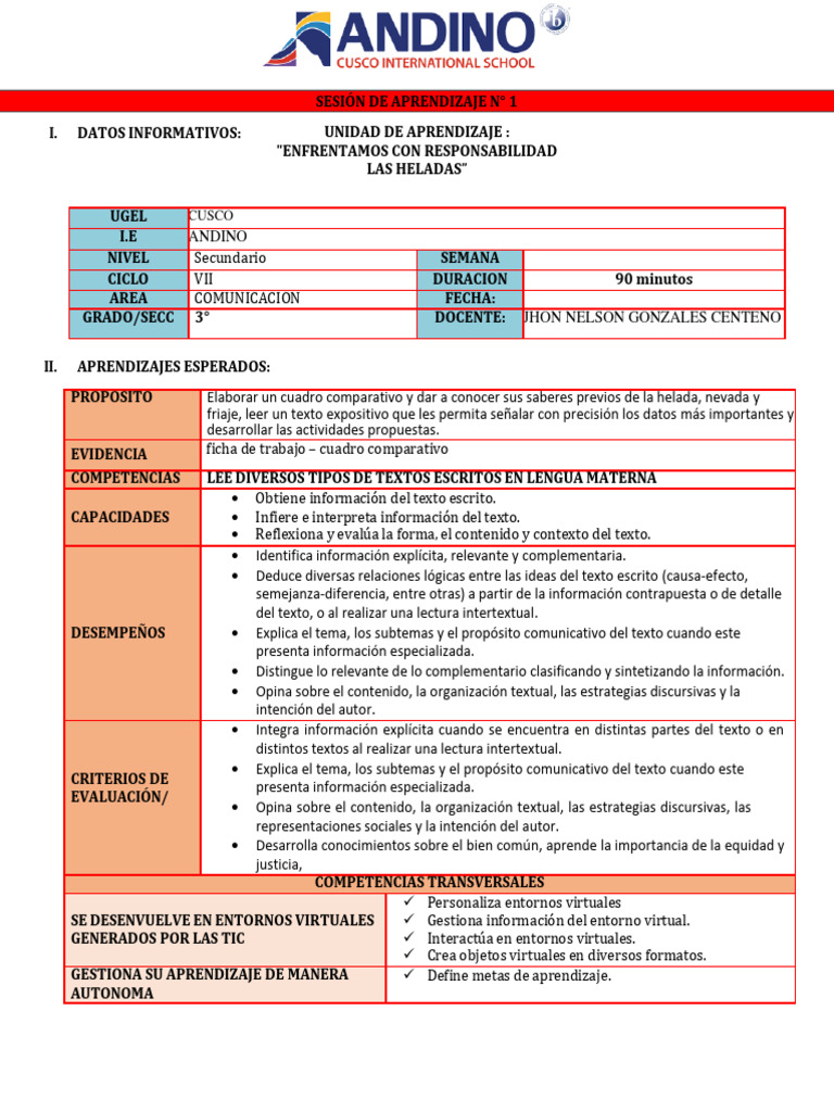 Modelo Sesion de Aprendizaje - Andino | PDF | Aprendizaje | Evaluación