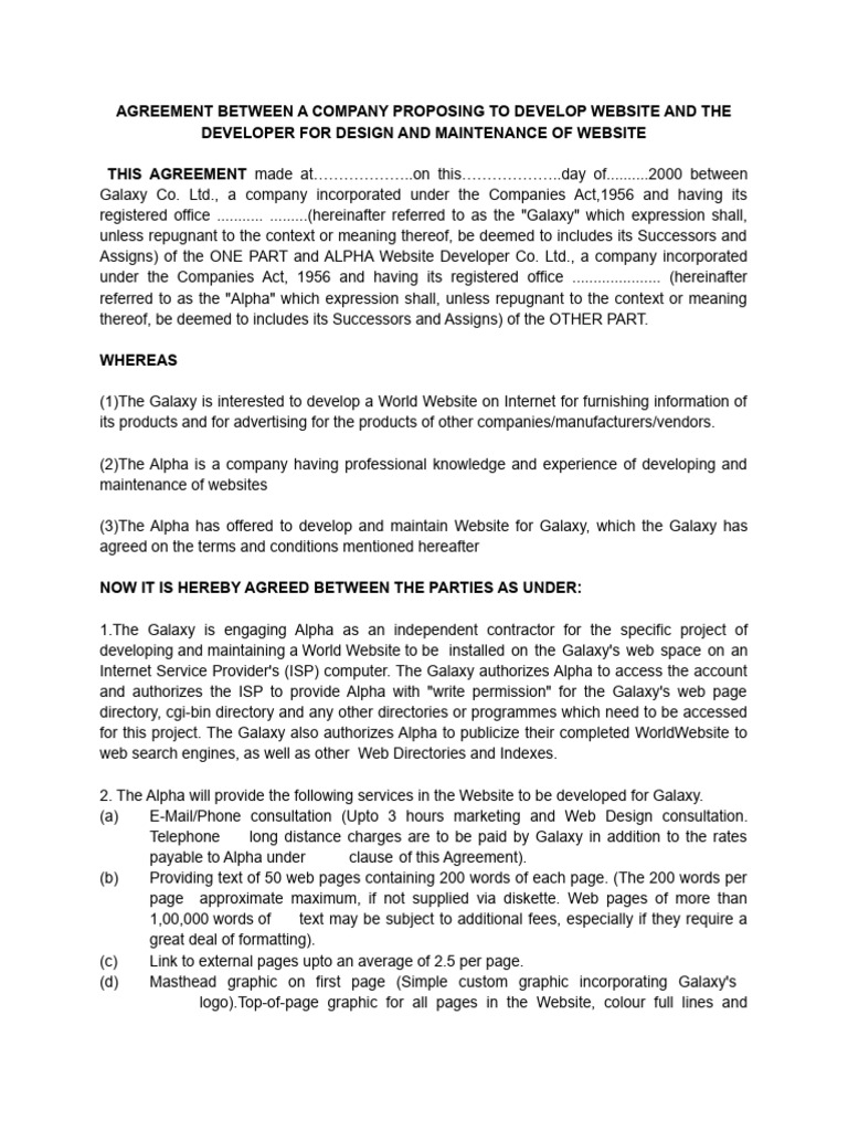 Agreement Between A Company Proposing To Develop Website and The Developer For Design and ...