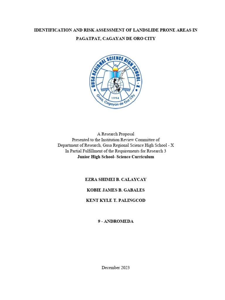 CHAPTER 1 Identification and Risk Assessment of Landslide Prone Areas in Pagatpat Cagayan de Oro ...