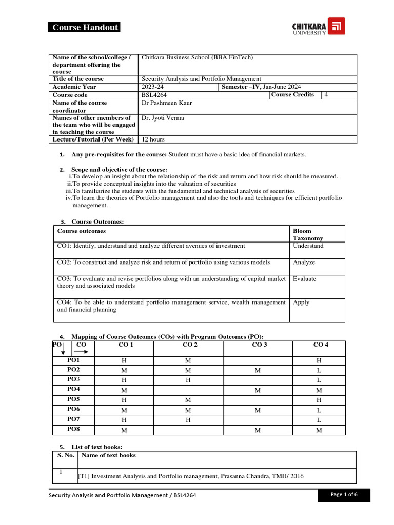Sapm - Course Handouts | PDF | Risk | Investing