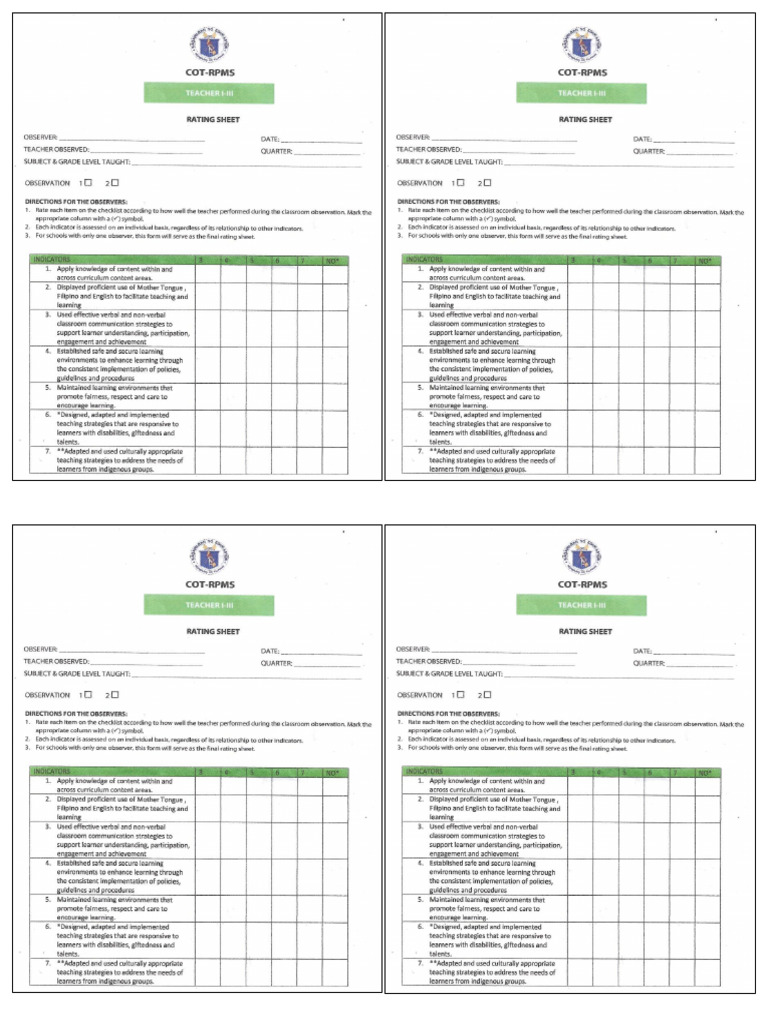 COT Rating Sheet | PDF
