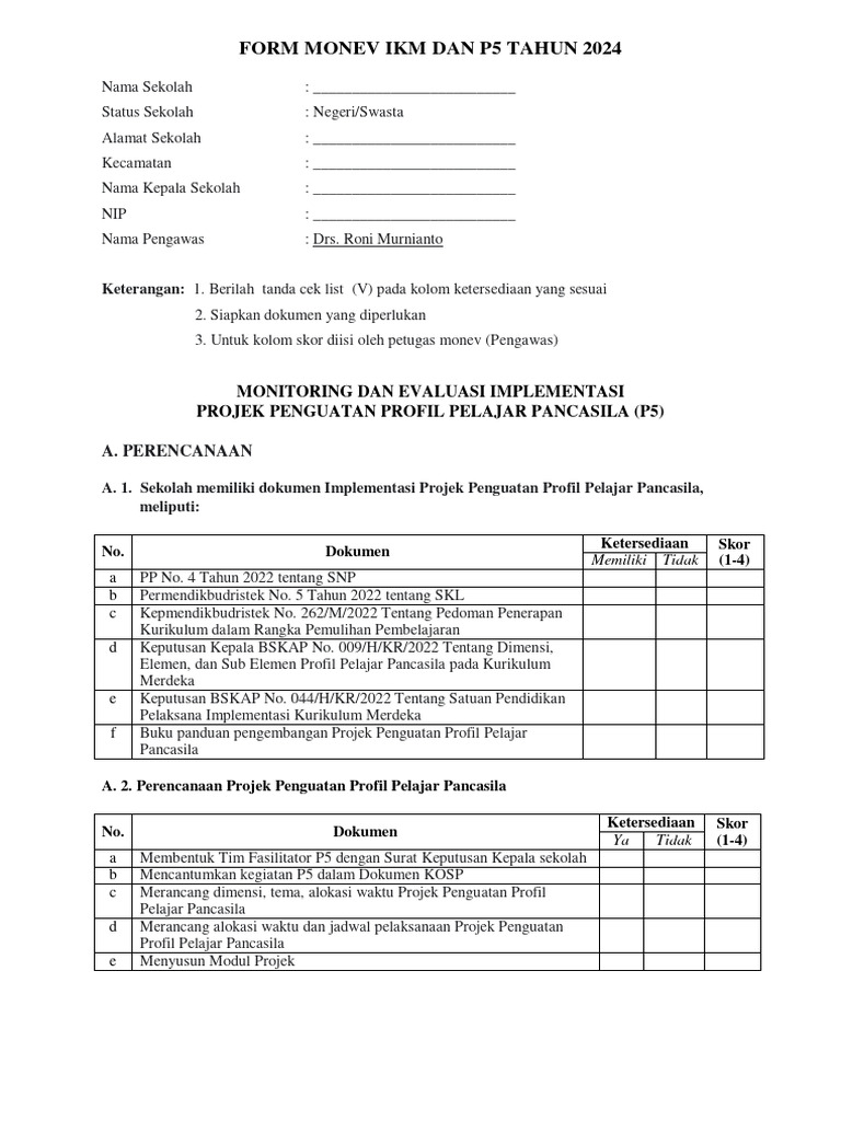 Form Monev Ikm Dan P5 Tahun 2024 | PDF