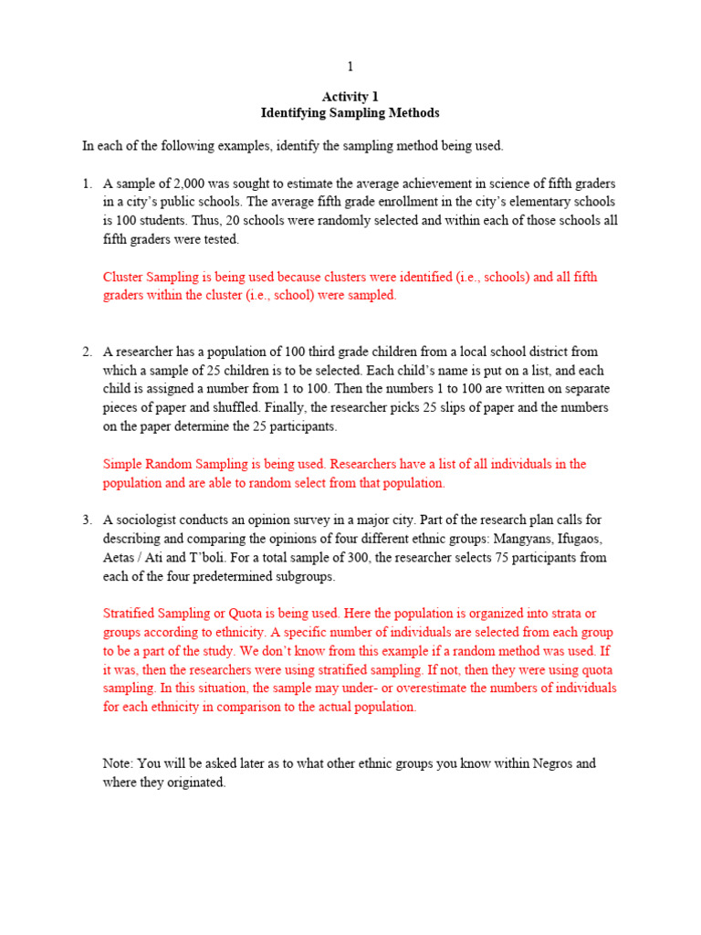 Activity 1 Comparing Sampling Techniques Pdf Sampling Statistics Statistics