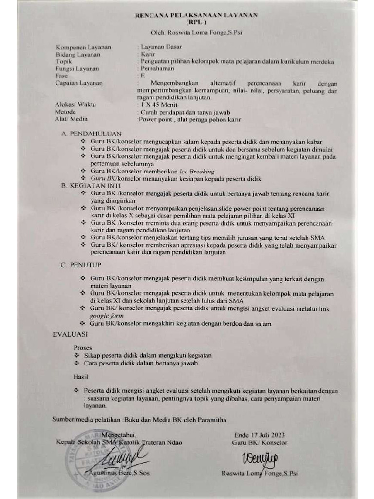 Rencana Pelaksanaan Layanan BK ROSWITA LOMA FONGE | PDF