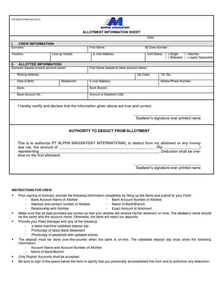 0204-02-01 Allotment Information Sheet | PDF | Finance & Money Management
