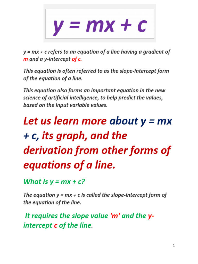 Y MX + C: Let Us Learn More Its Graph, and The Derivation From Other ...