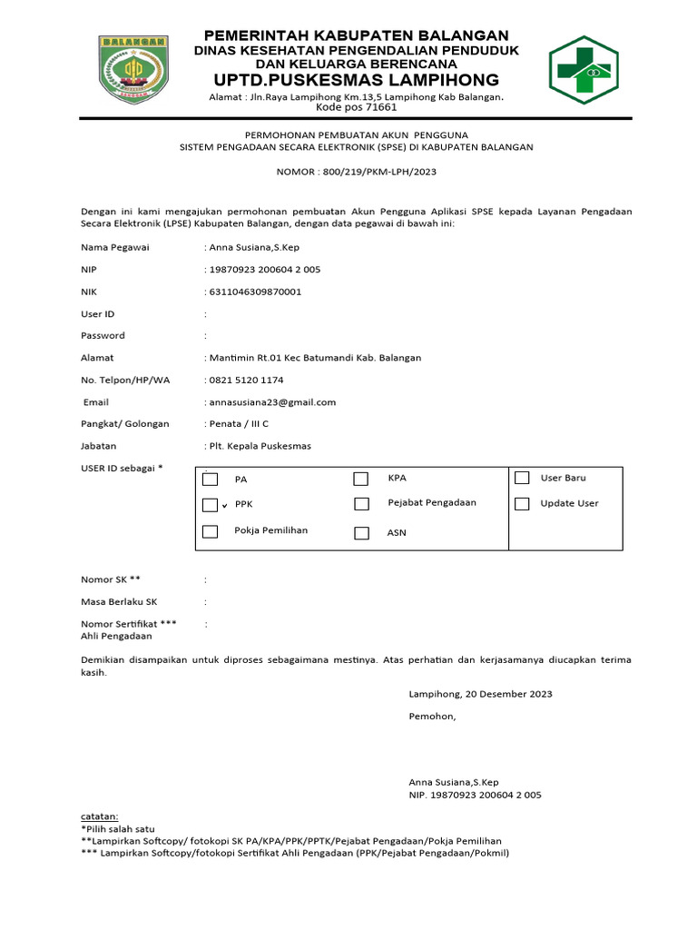 Permohonan Pembuatan Akun Lpse | PDF
