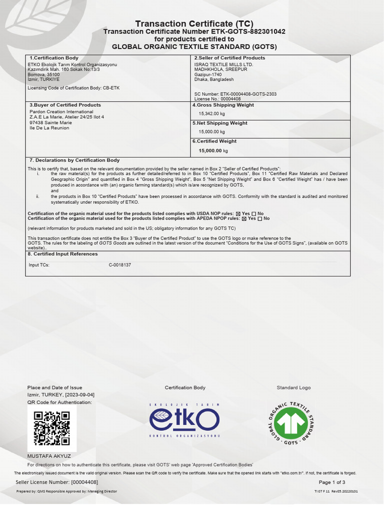 GOTS Certificate | PDF | Qr Code | Textiles
