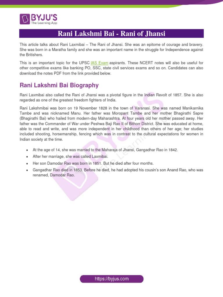 Rani Lakshmi Bai Rani of Jhansi | PDF
