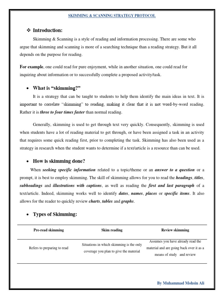 Skimming and Scanning Strategies Guide | PDF | Speed Reading | Information