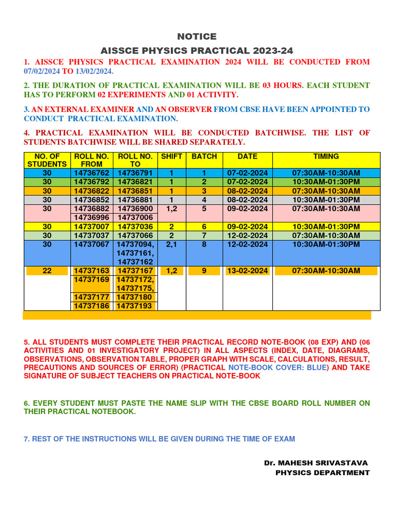AISSCE Physics Practical Exam Notice 2024 | PDF