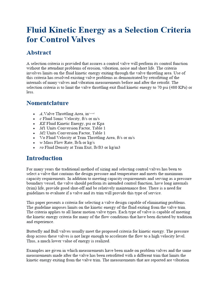 Fluid Kinetic Energy As A Selection Criteria For Control Valves | PDF ...