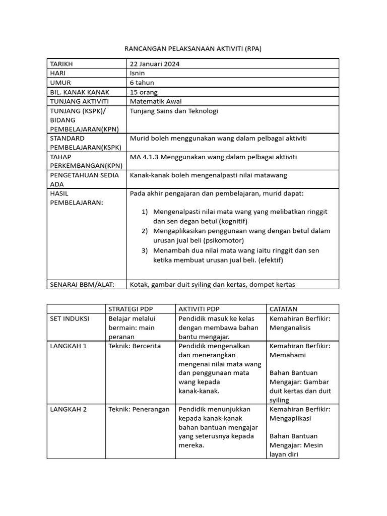 Contoh RPA Tadika | PDF | Komputer
