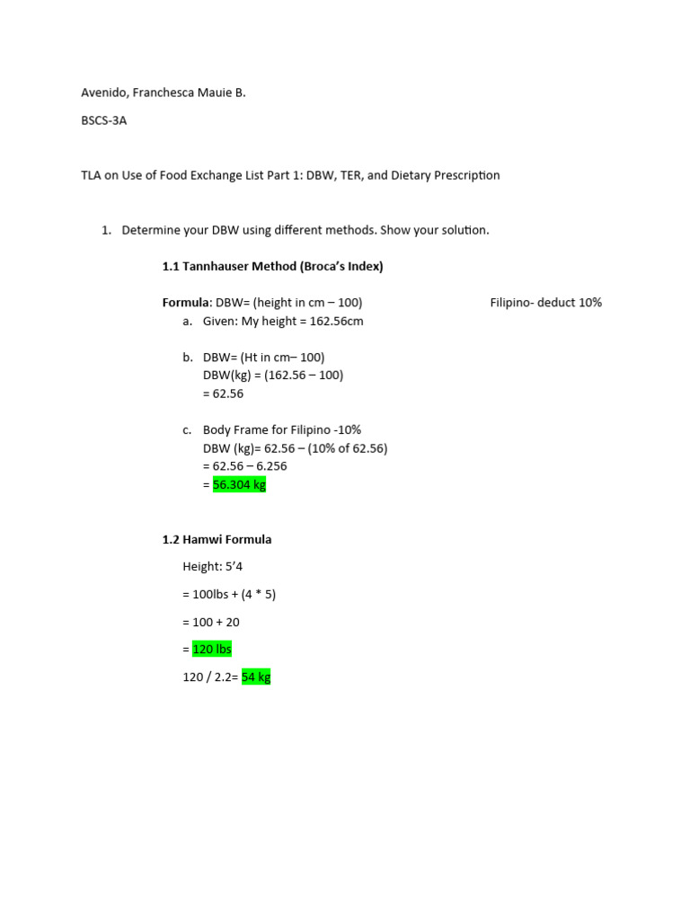 1.1 Tannhauser Method (Broca's Index) Formula: DBW (Height in CM - 100) | PDF | Obesity ...