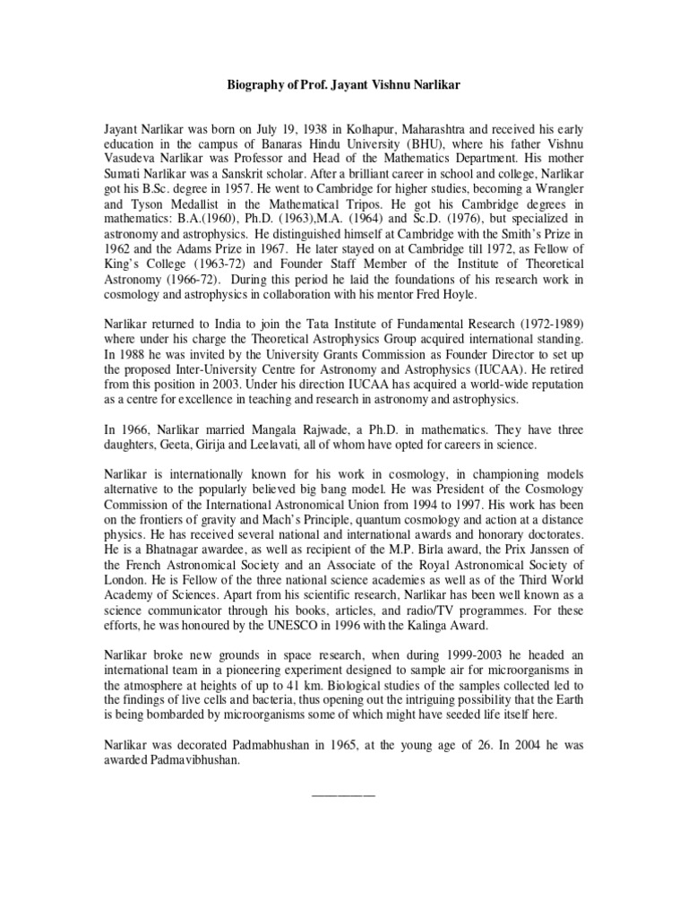 Biography of Prof. Jayant Vishnu Narlikar | PDF | Physical Sciences | Physics