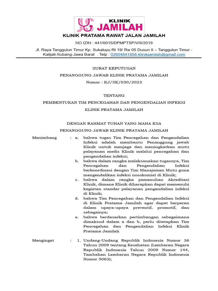 SK Penetapan Penanggung Jawab Ppi Klinik | PDF