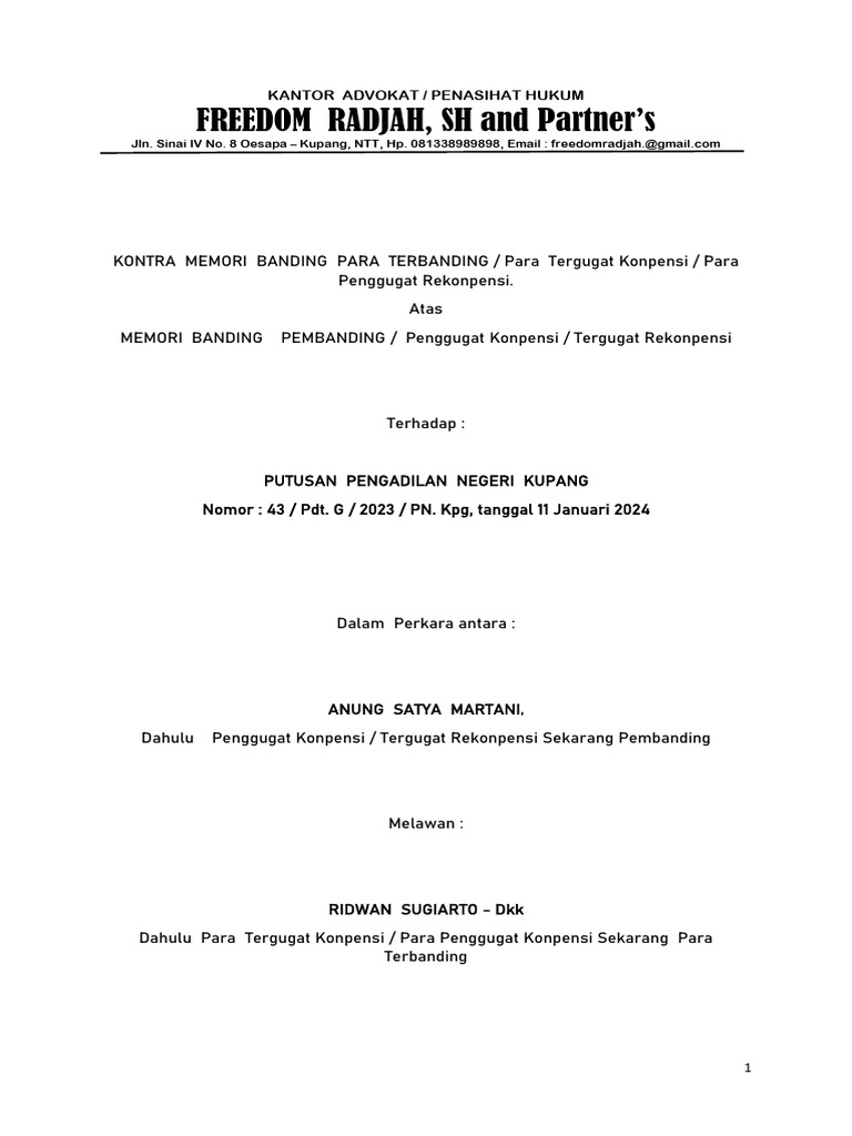 Contoh Kontra Memori Banding Perkara Perdata | PDF