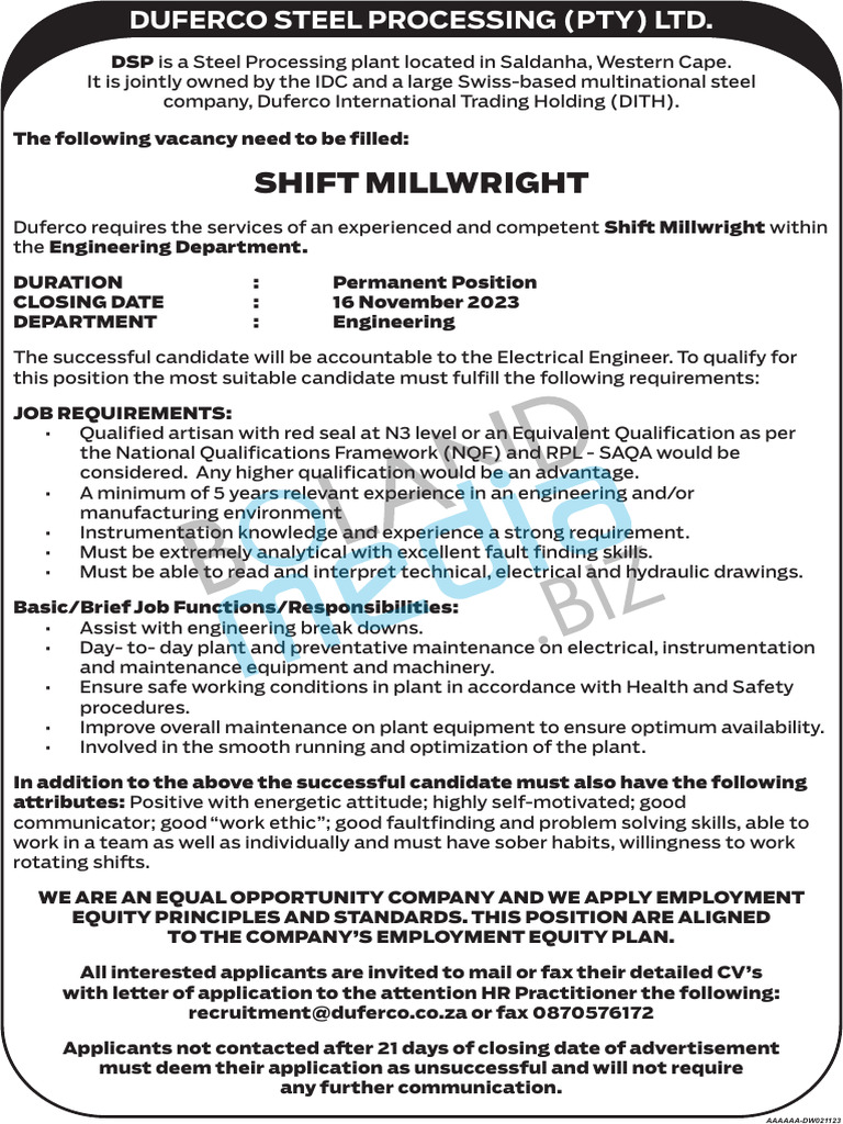 Duferco Shift Millwright X1XXAU09 20x4 DW021123 4423 Rcols Ccorn | PDF ...