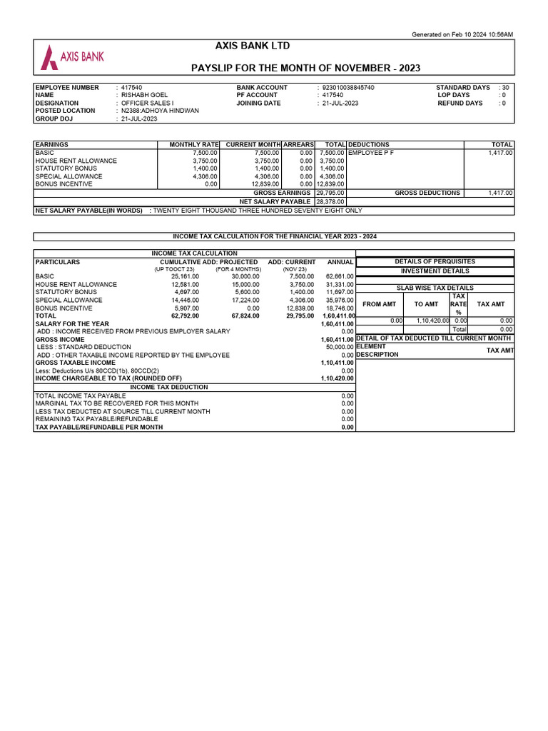 November 2023 Salary Slip Summary | PDF | Alternative Minimum Tax | Taxes