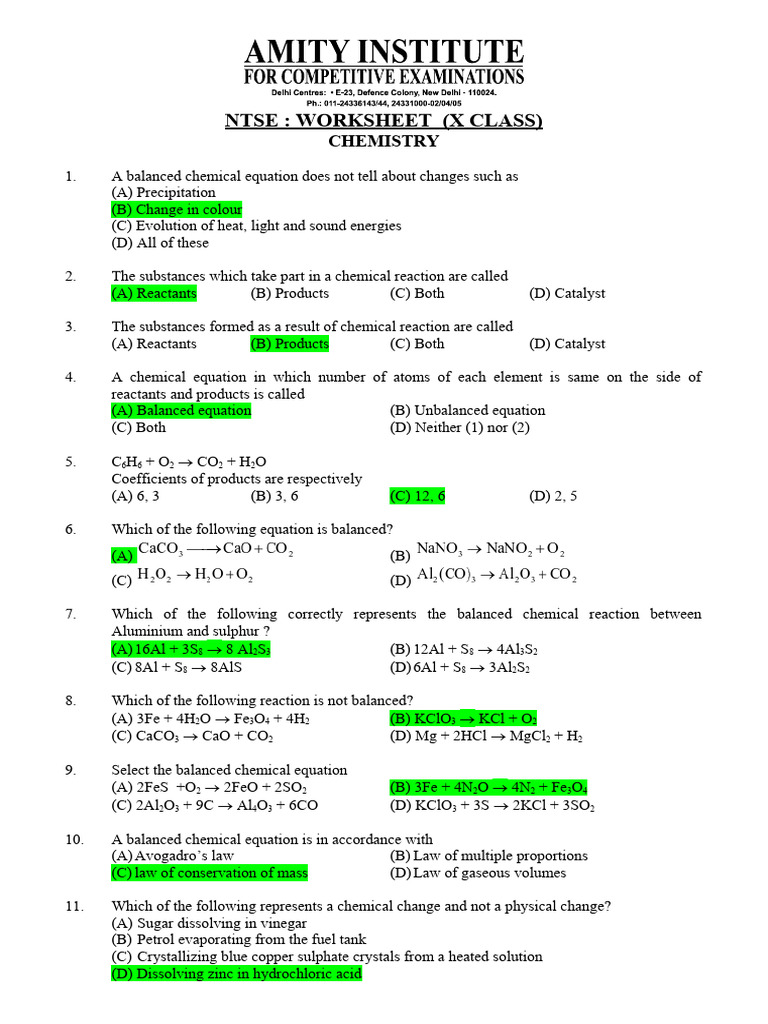 Chemical Equations and Reactions Ws Solved | PDF | Chemical Reactions | Chemical Substances