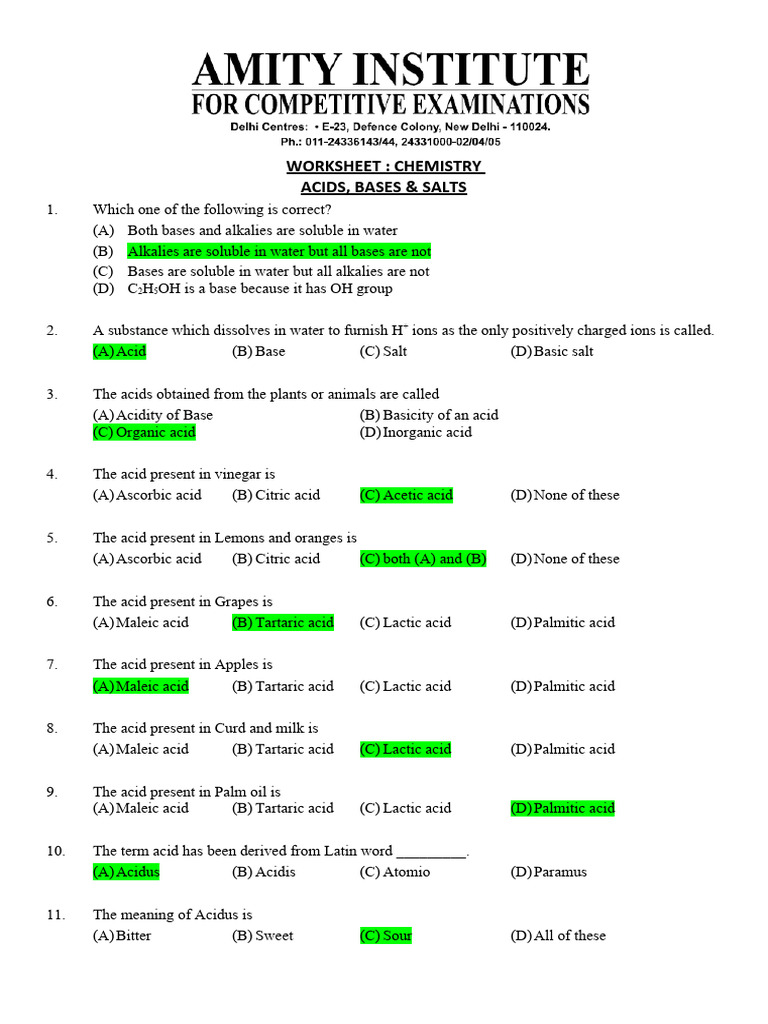 Acids, Bases & Salts Worksheet Answers | PDF | Acid | Salt (Chemistry)