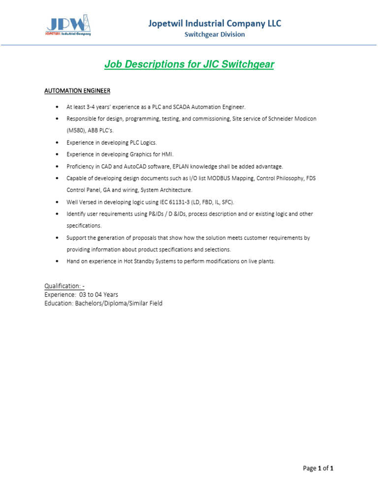 Job Description (Automation Engr) | PDF | Business