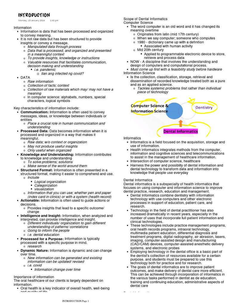 Dental Informatics Introduction | PDF | Health Care | Health Informatics