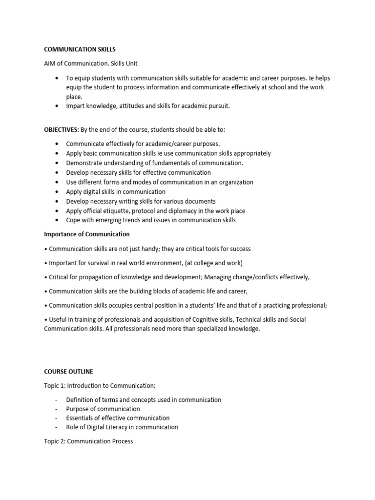 Introduction To Communication Skills Course Outline | PDF ... Introduction To Communication Skills Course Outline | PDF ...