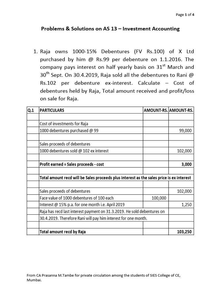 Accounting For Investments As Per As 13 Practical Questions And Solutions Part 1 47736 Pdf